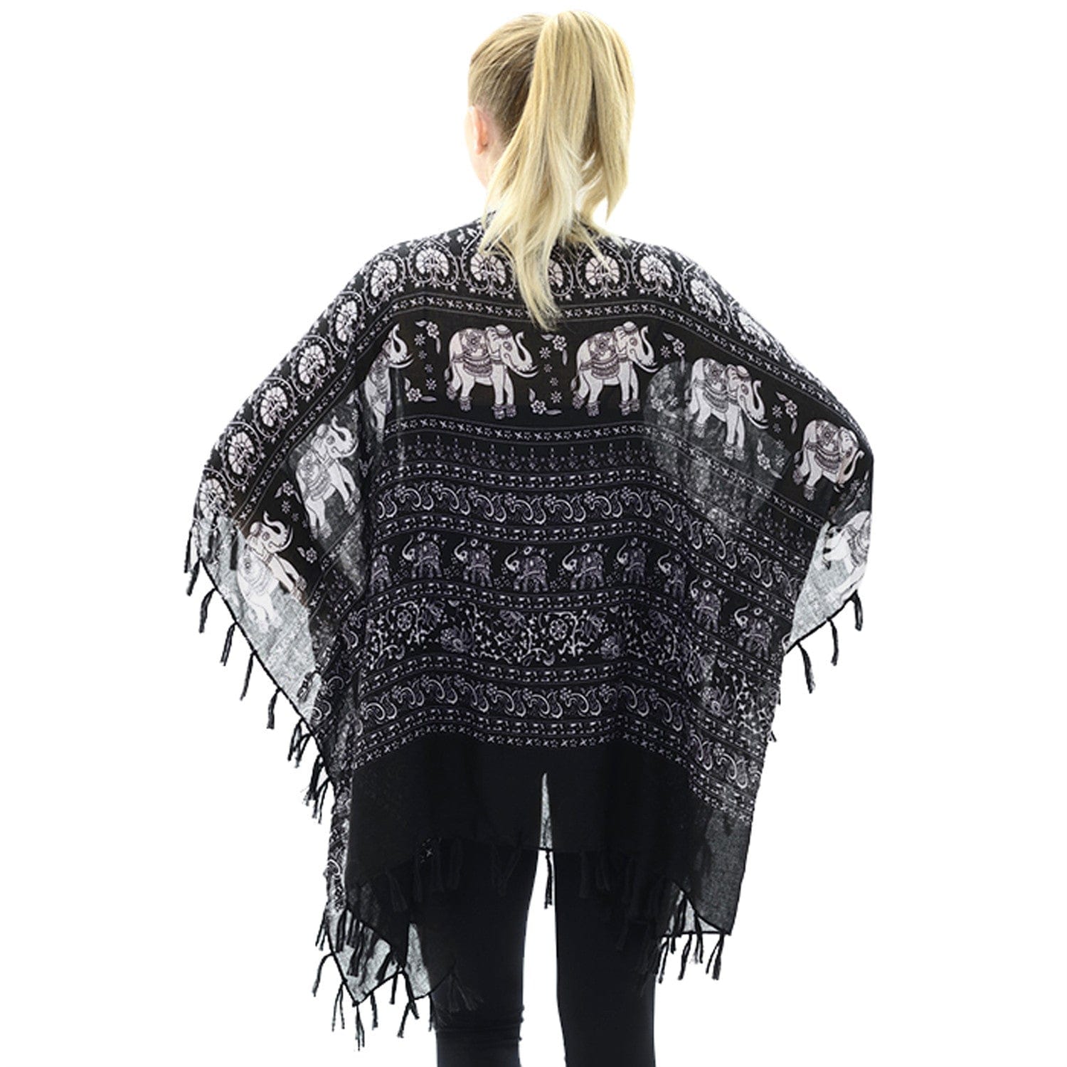 Black and Whtie Elephant Shawl/Poncho with Tassels and Tribal Accents ...